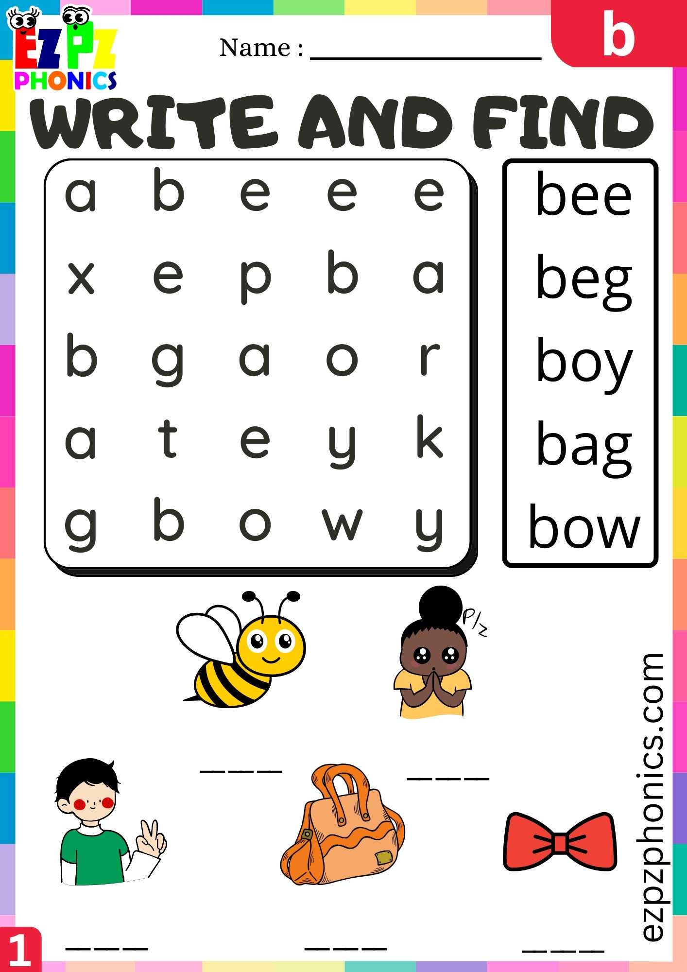 Letter b Write and Find Beginning Sounds Word Search Worksheet - ezpzphonics.com